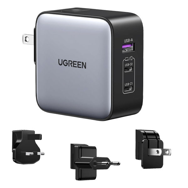 UGREEN 65W 3-Port GaN Fast Charger with Interchangeable UK/US/EU Plugs ...